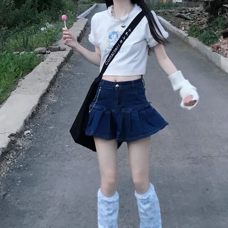 Skirts Cyber Y2k Grunge Denim Mini Pleated Skirt Women Harajuku Kawaii