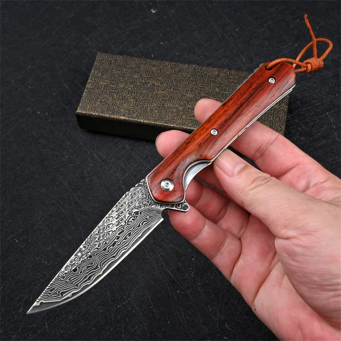 VG10 Damascus Steel Flipper Pocket Knife Rosewood Handle EDC Drop Point ...