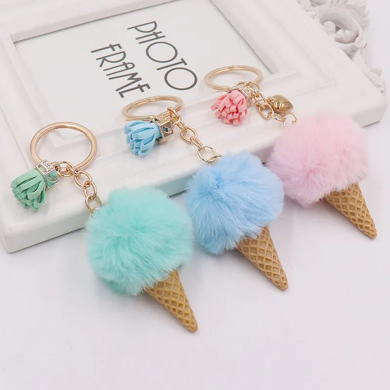 Plush Keychain Cute Ice Cream Cone Key Ring, Faux Rabbit Fur, Fluffy ...