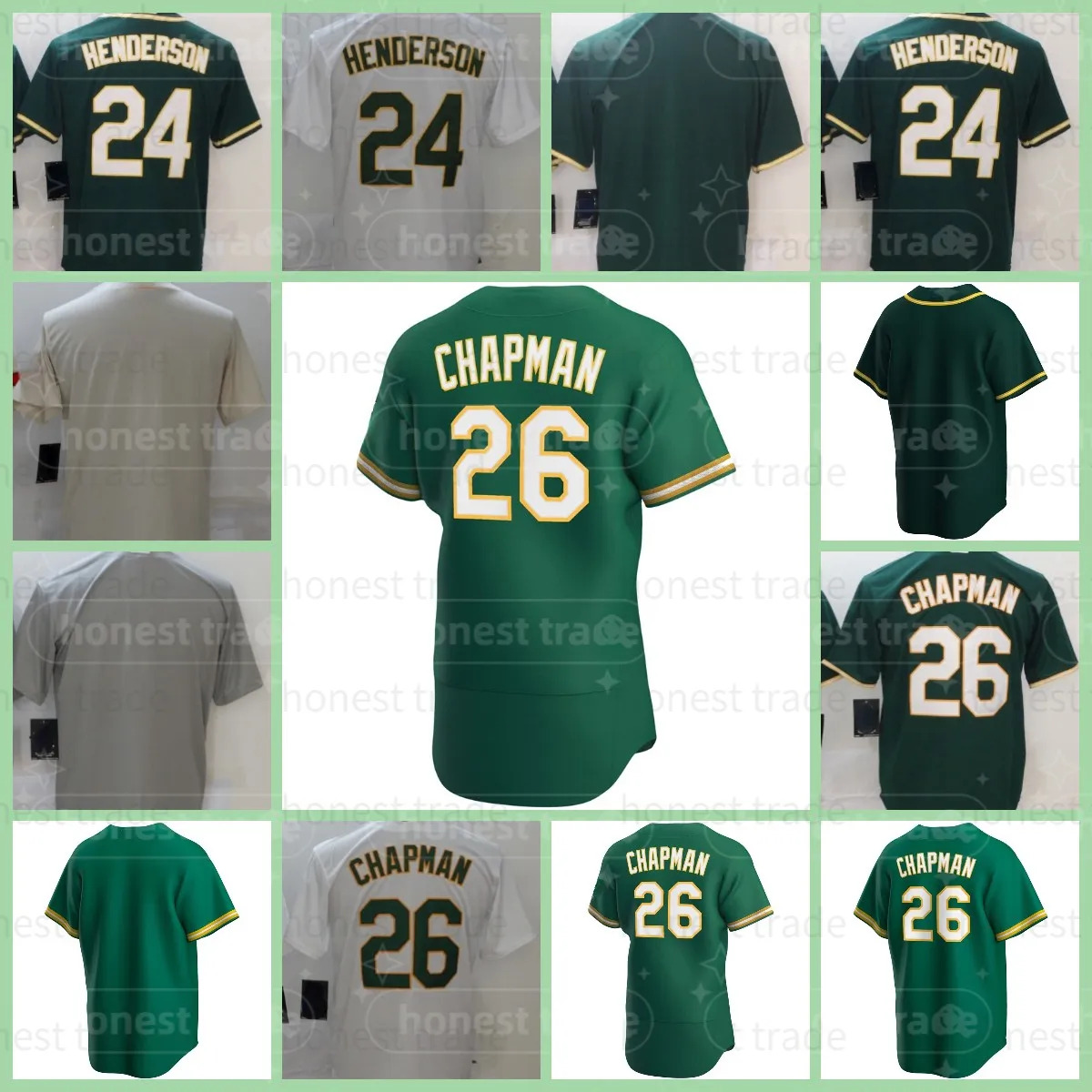 Mens Baseball Jersey Matt Chapman 26, Ricky Henderson 24 Green Coolbase ...