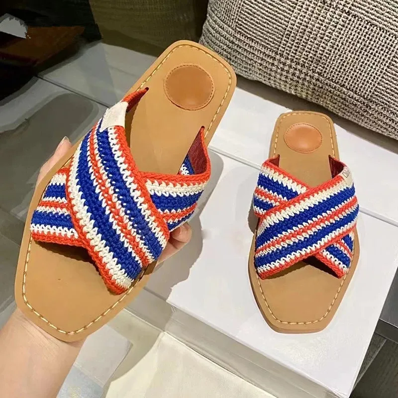 2022 Womens Square Toe Stripe Flat Slippers For Women With Thick Sole ...