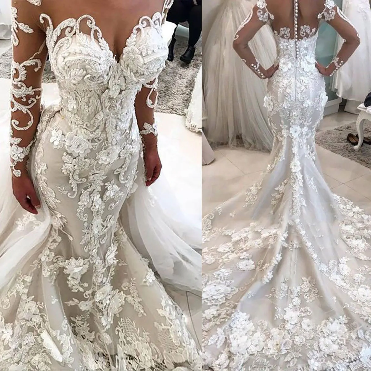 Long Sleeve Mermaid Wedding Dress 3D Flowers Sexy Sheer Neck Bridal ...