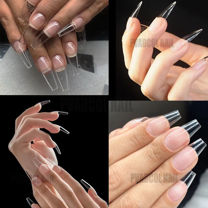 Soft Gel Nail Extensions: Long Coffin Stiletto Tips - Quick Building ...