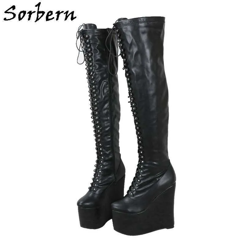 Sorbern 20Cm Slim Heels Wedges Boots Mid Thigh High Over The Knee ...
