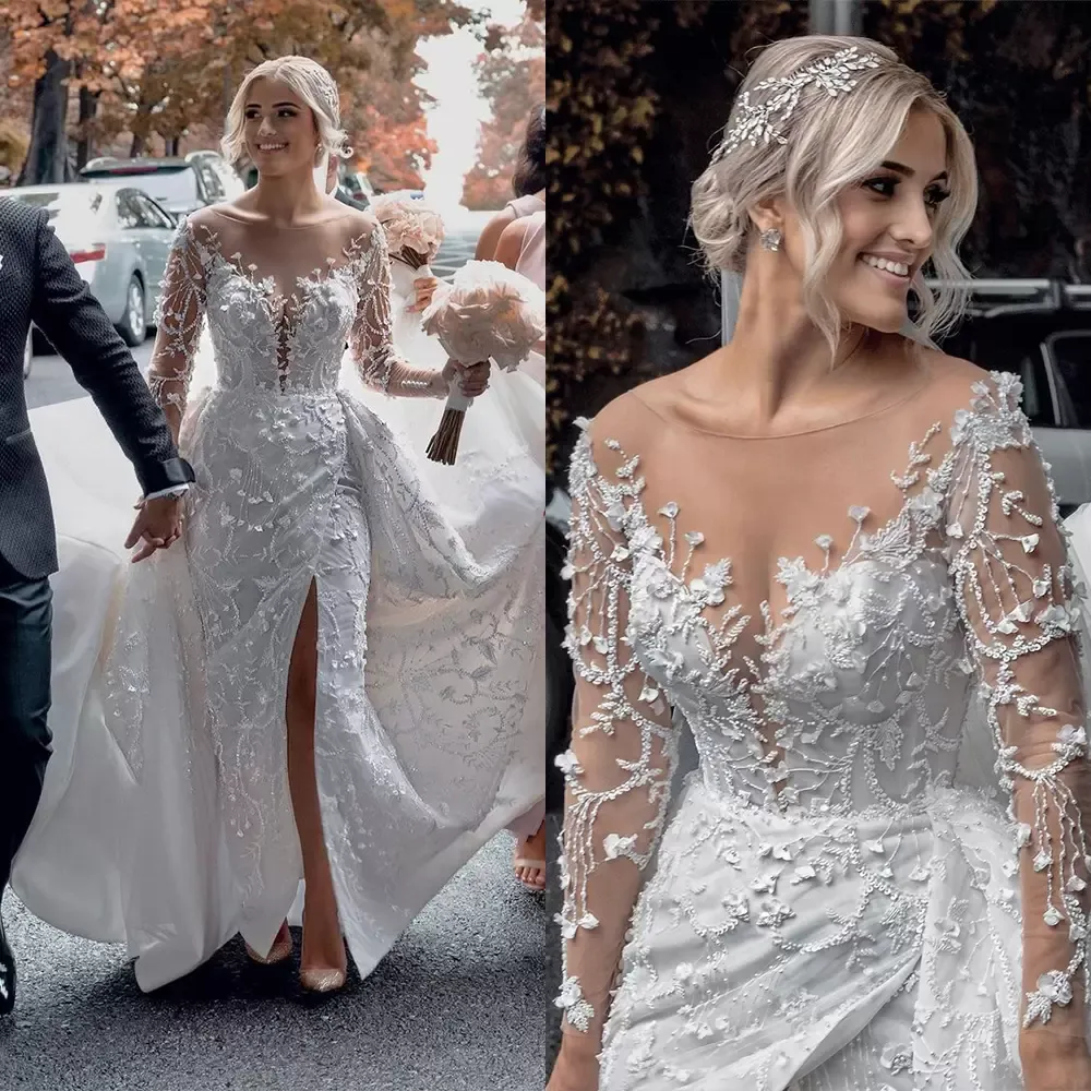 Enchanting 3D Floral Wedding Dress: Satin Overskirt Crystals Beading ...