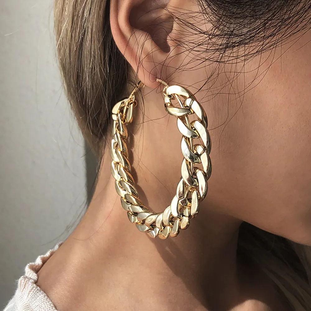 Fashion Gold Hoop Earrings Personality Big Circle Chain Huggie Earring ...