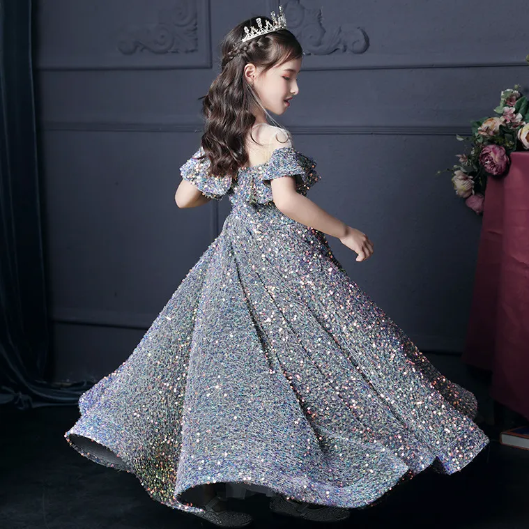 Luxury Silver Bling Sequin Girls Pageant Dresses Fluffy Off The ...