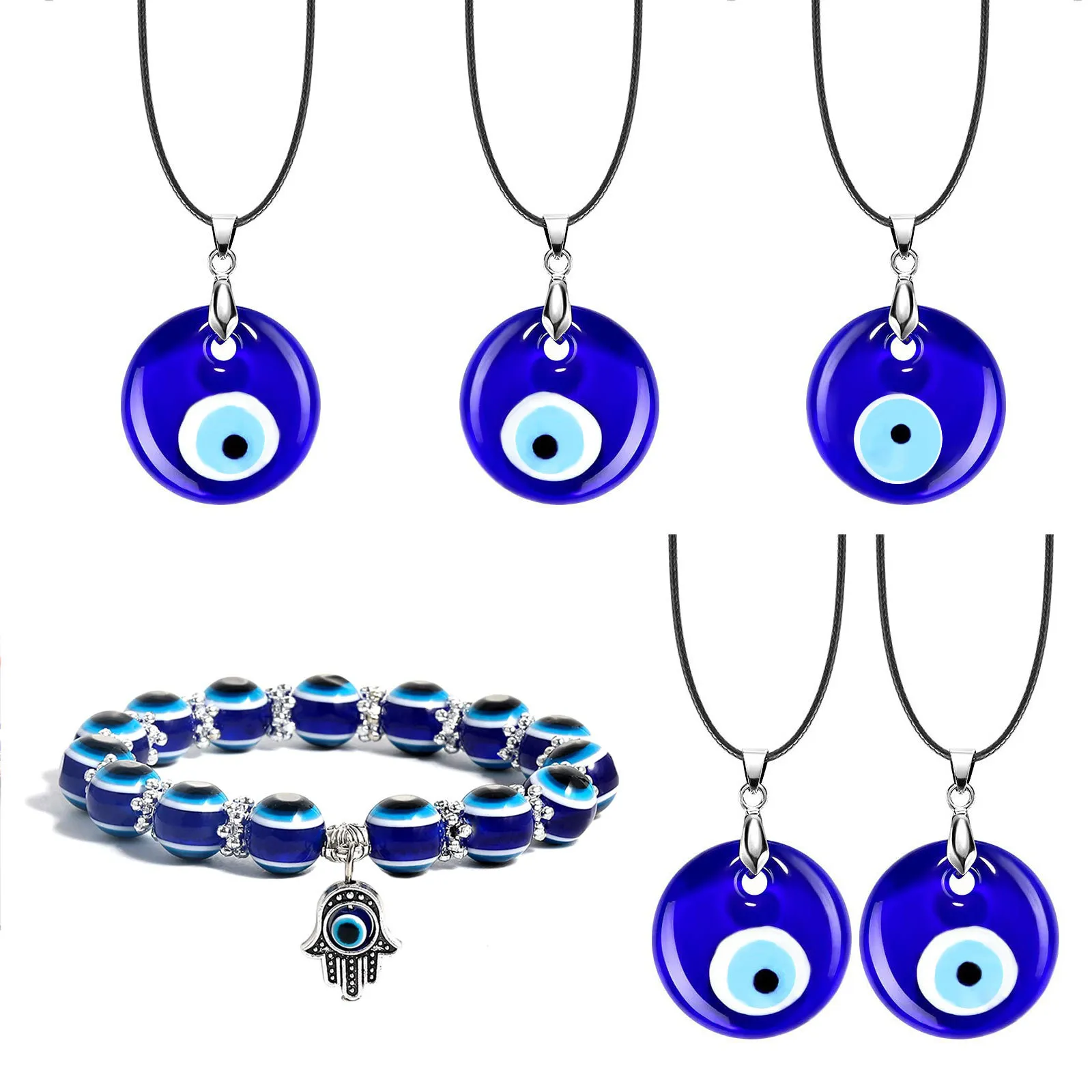 Turkish Blue Devil Eyes Evil Eye Jewelry Set Beaded Bracelet & Leather ...