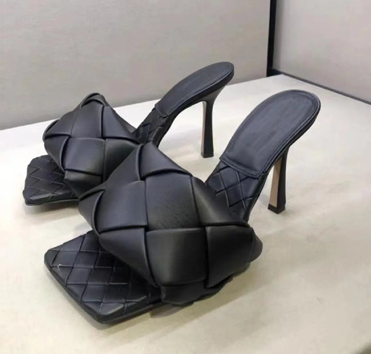 Designer Sheepskin Leather Weave Tartan Slippers Luxury High Heeled ...