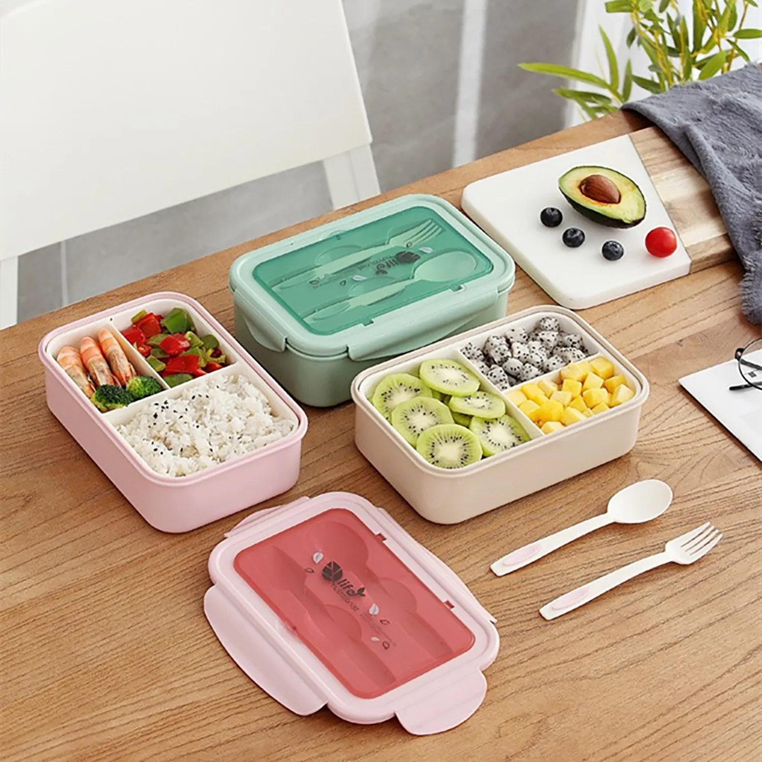Healthy Wheat Straw Bento Box - 3 Layer 900ml Food Container, Microwave ...