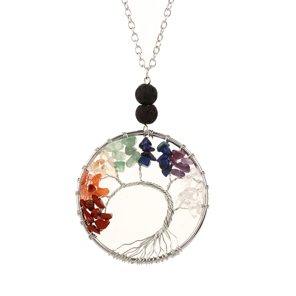 Volcanic Stone Bead Necklace with Bronze Wire Wrap Tree of Life Pendant ...