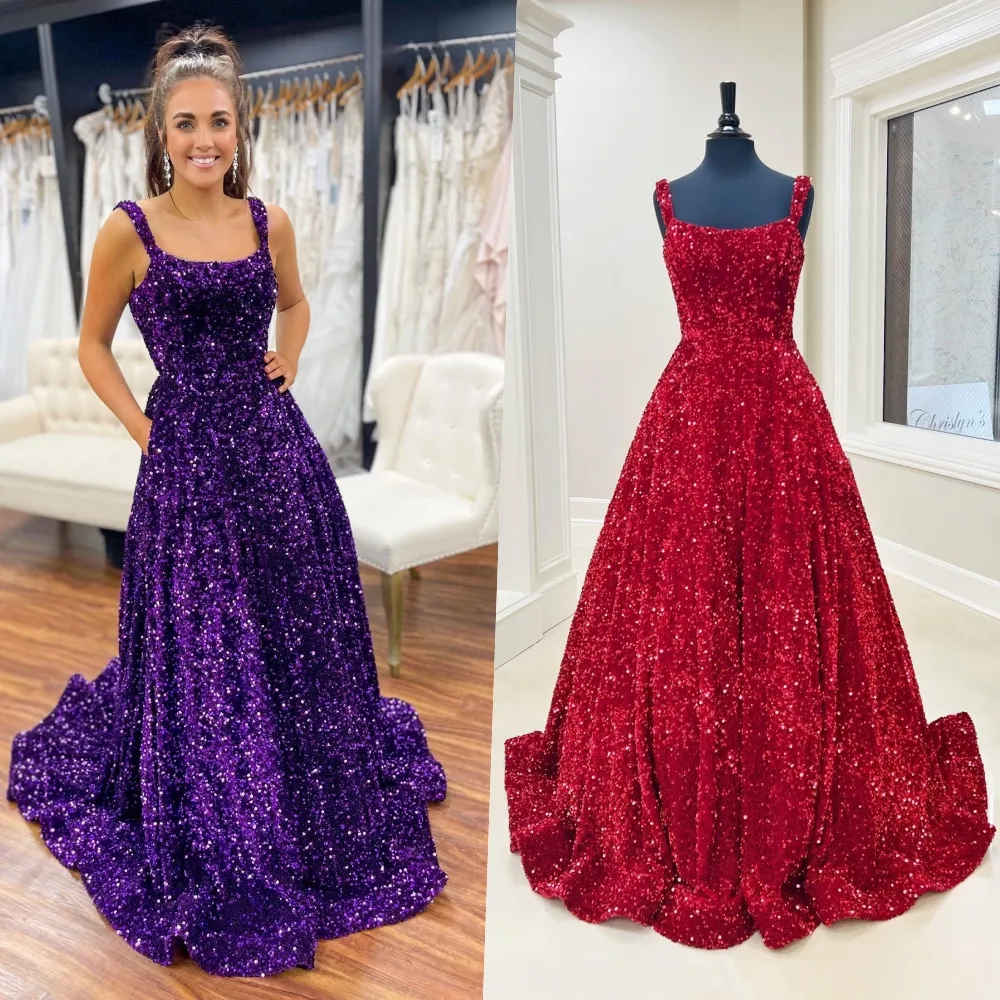 Purple Sequin Prom Dress 2k23 A Line Scoop Neckline Open Back Sweep ...