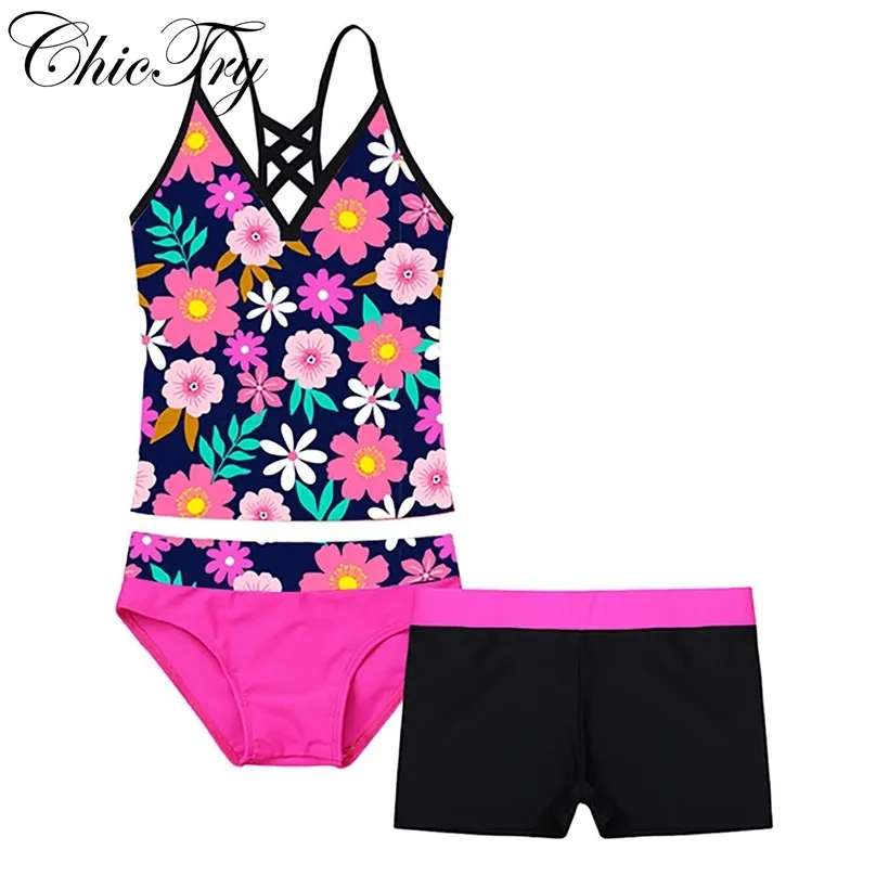 Girls Floral Tankini Swimsuit Set Cute Childrens Swimwear With Shorts ...
