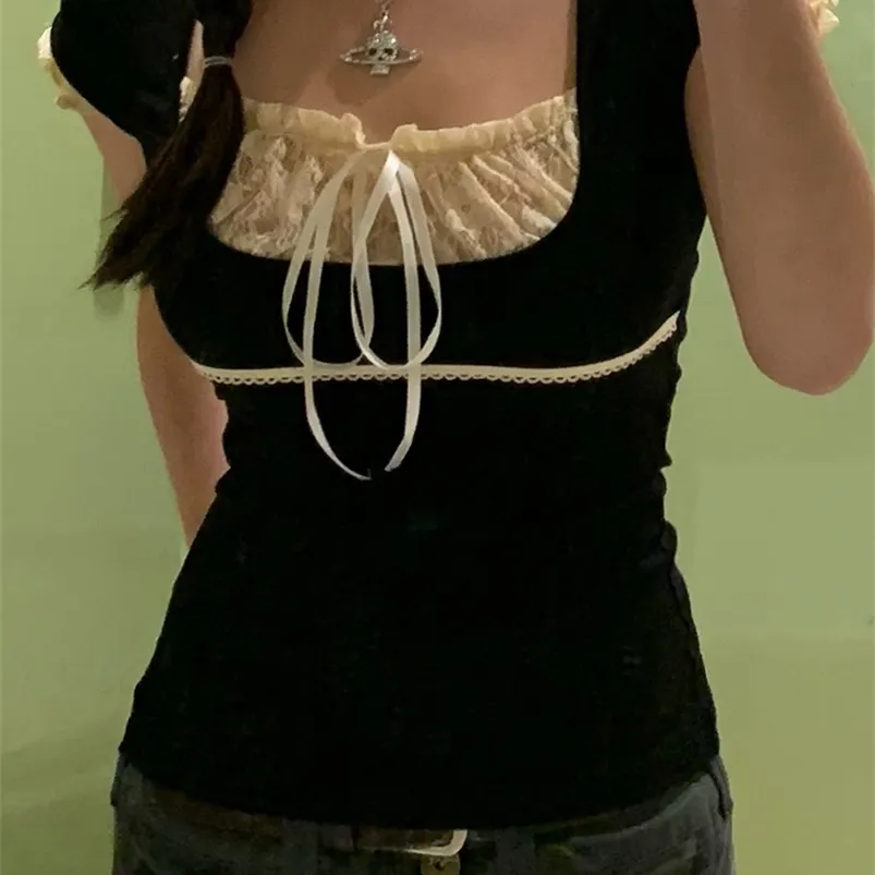 Rapcopter Y2k Encaje Trim Crop Top Bow Cute Sweet Tee Manga Corta