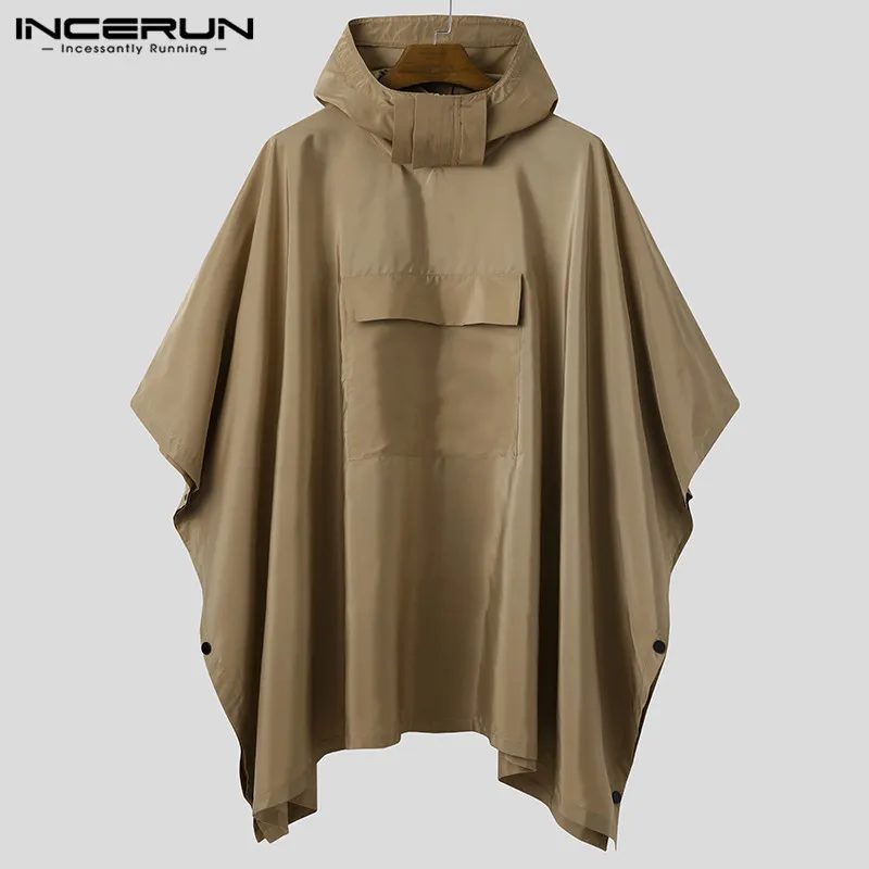 INCERUN Men Solid Polyester Trench Hooded Loose Poncho Casual Outdoor ...