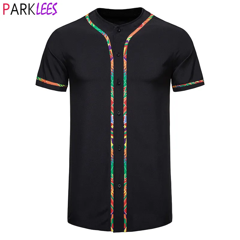 Mens Black Button Down Baseball Jersey African Dashiki Print Baseball T Shirt Men Harajuku Hip ...