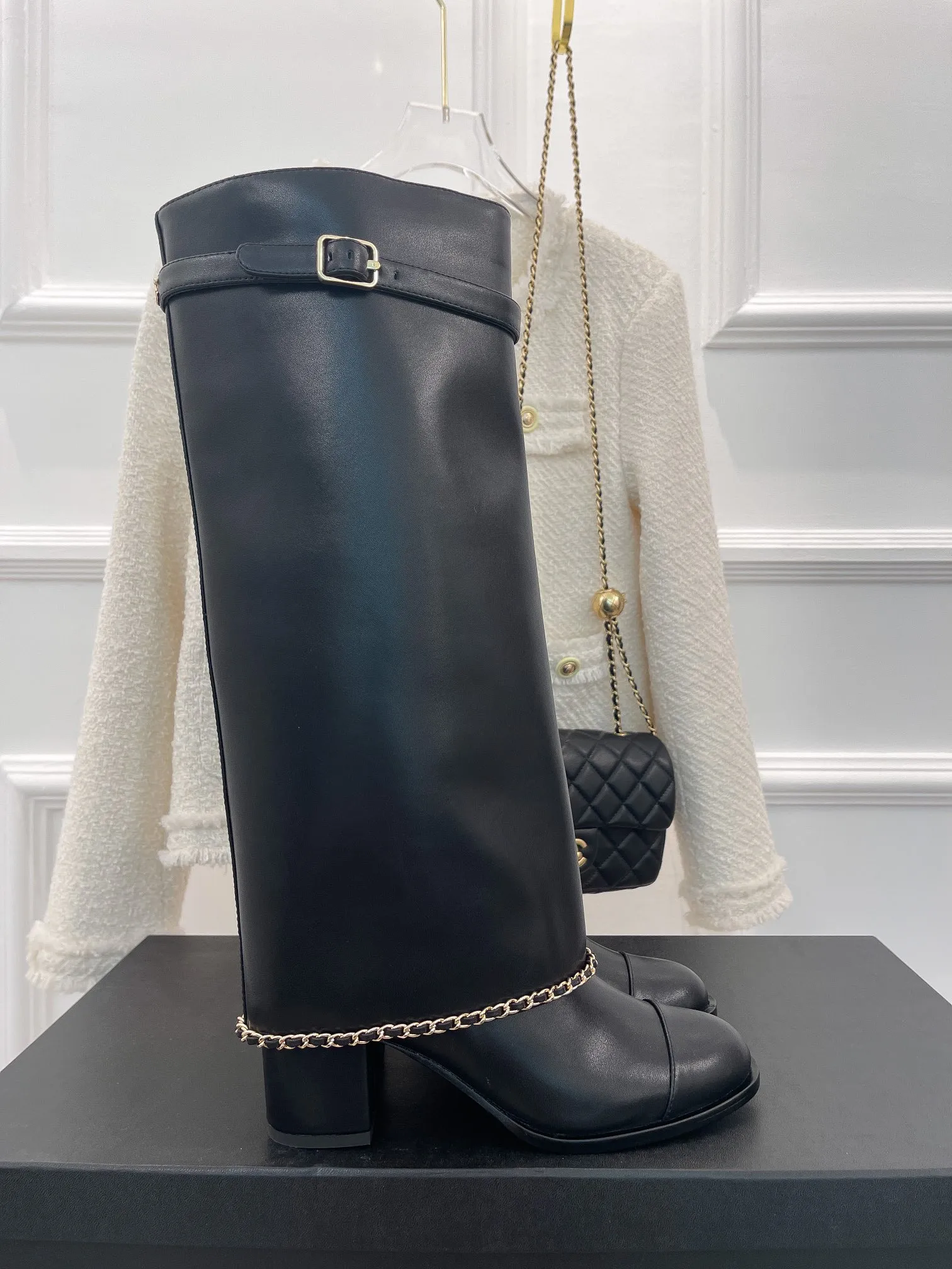 Chanelles High Channel Buckle Chain Boots Thigh Heel Platform Chunky ...