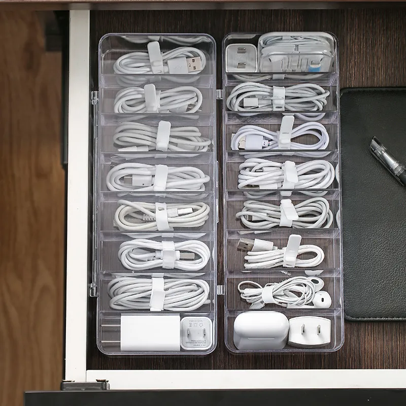 8 Grid Desktop Organizer Box - Clear Cable & Wire Management, USB Cord ...