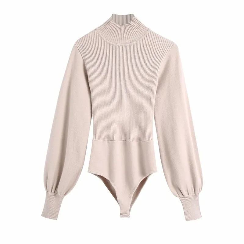 Casual Women Stretchy Turtleneck Backless Knit Bodysuit with Lantern ...