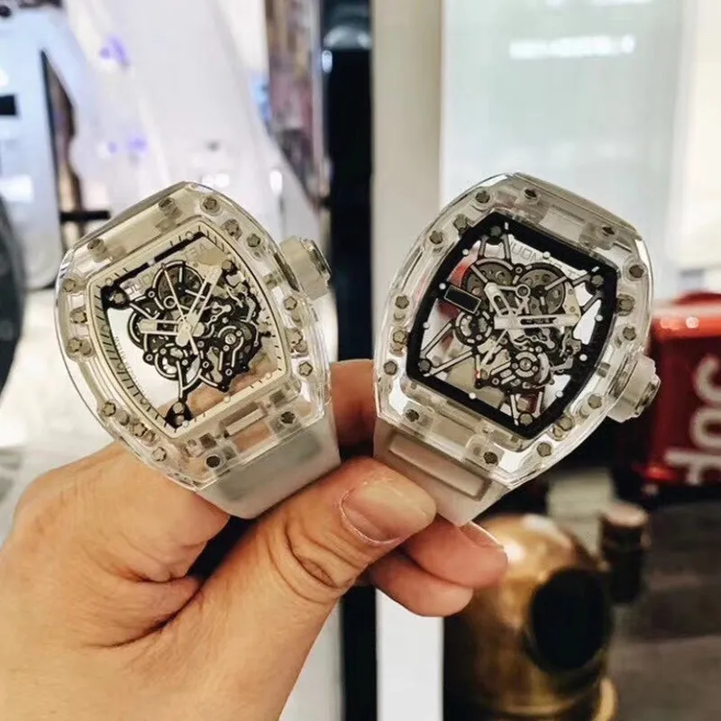 Luxury Mens 42mm Skeleton Automatic Watches White Transparent Dial Self ...