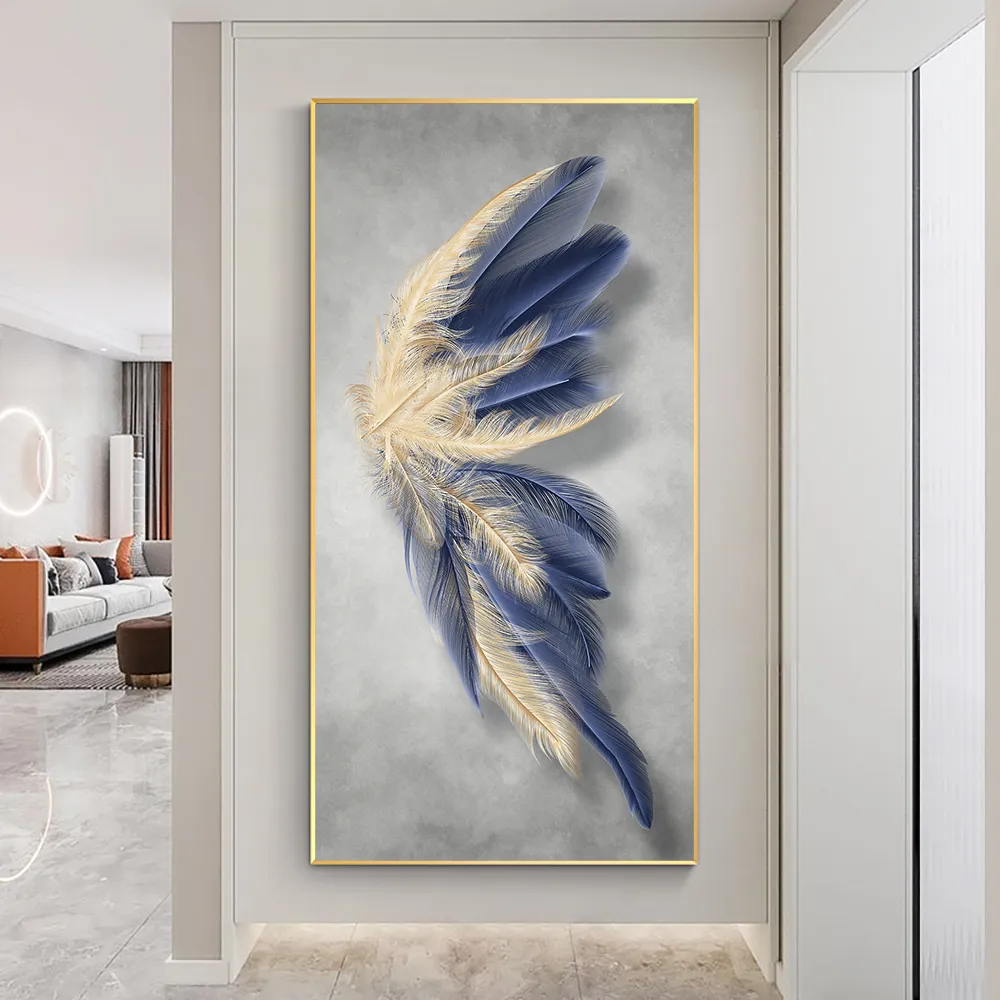 Customized Blue Abstract Feather Canvas Painting Nordic Poster And ...