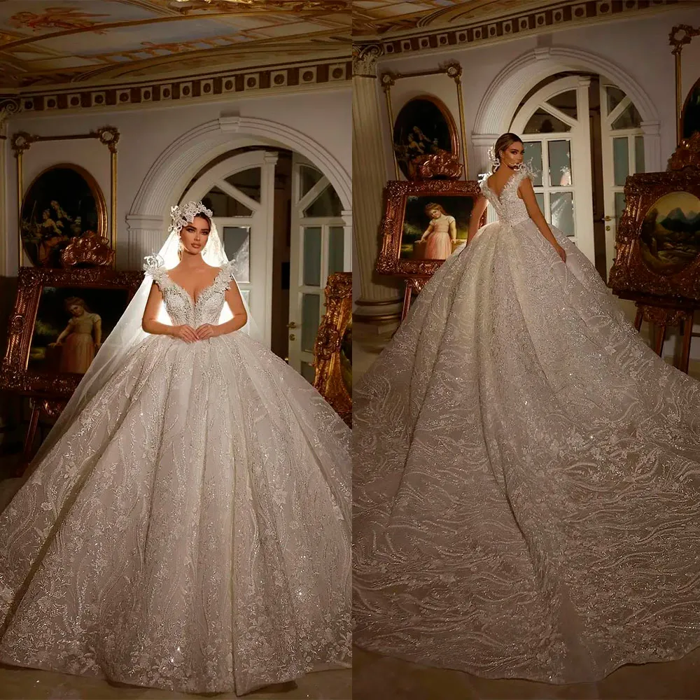 Dubai Ball Gown Wedding Dress 3D Floral Appliques, Short Sleeve Sequins ...