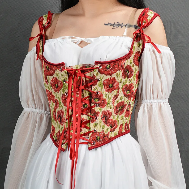 Women Lace-up Floral Camisole Tank Top Contrast Color Ribbon Polyester ...