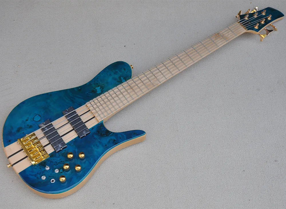 Neck Through Bass Guitar: 6 String Transparent Blue Electric Bass With ...