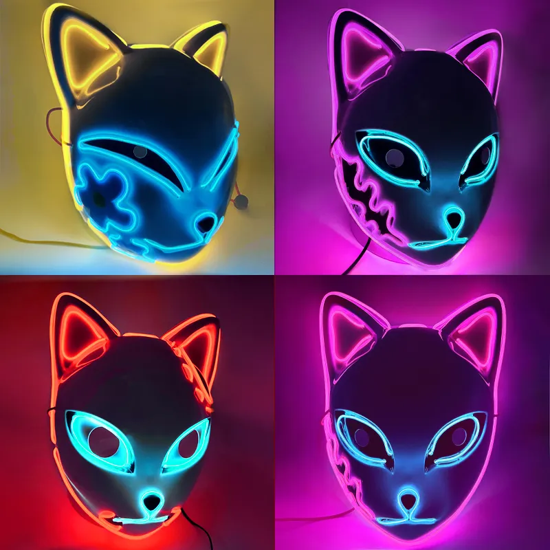 Led Cat Mask Cosplay Neon Demon Slayer Fox Masks Light Up Halloween ...