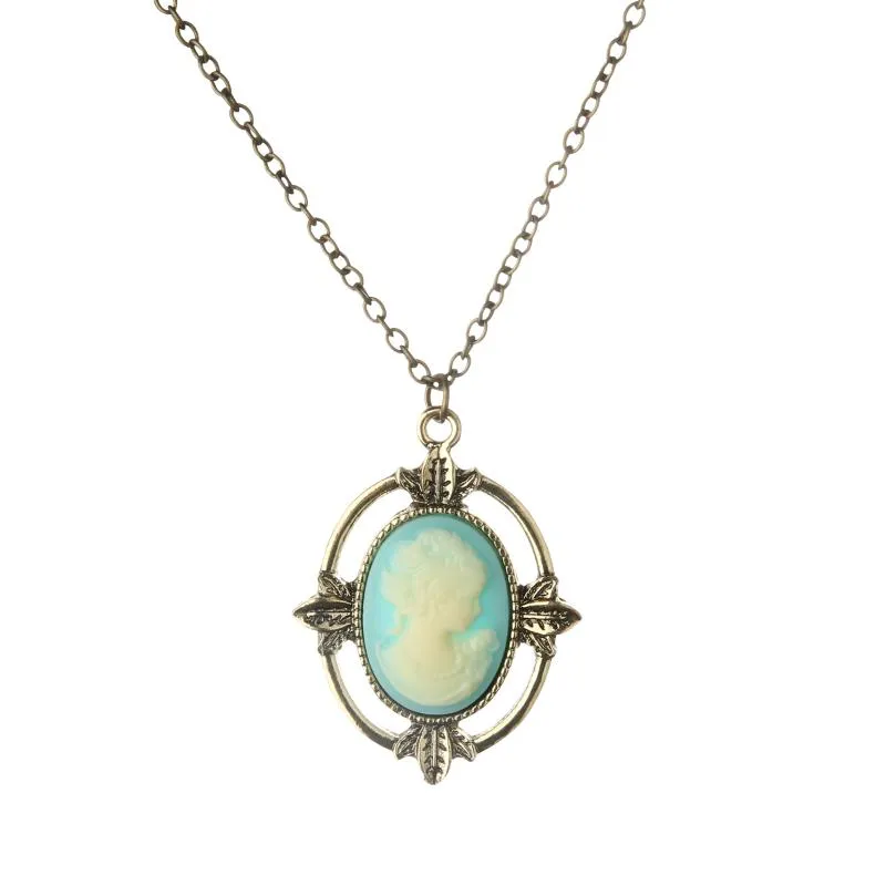 Pendant Necklaces Vintage Style Bronze Light Blue Cameo Necklace The Vampire Diaries Katherine Beauty Head for Women