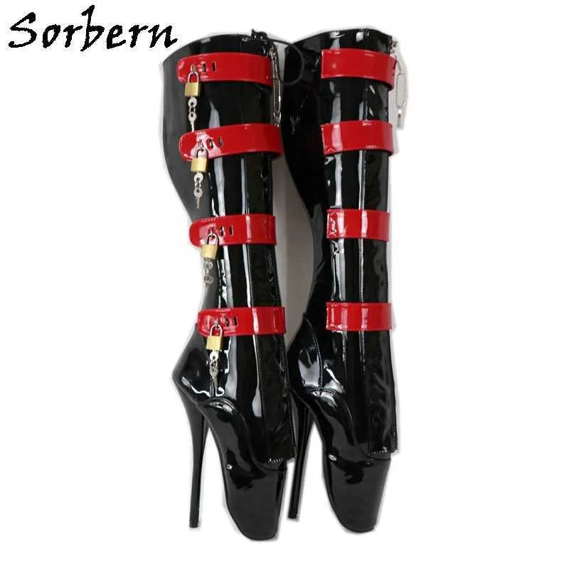 Sorbern Lockable Keys Ballet Boots Women Black And Red Stilettos Fetish ...