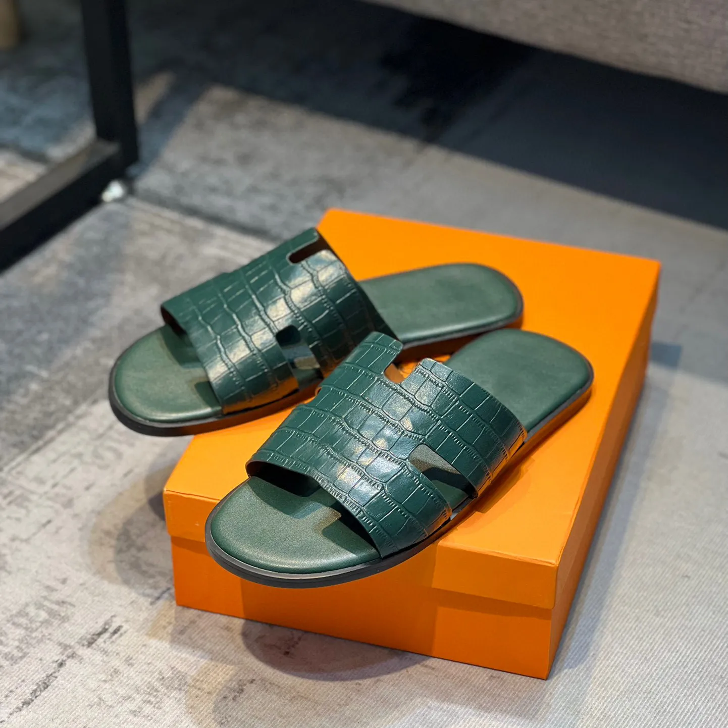 Heritage Calfskin Brown Leather Slide Sandals For Men Designer Flip ...