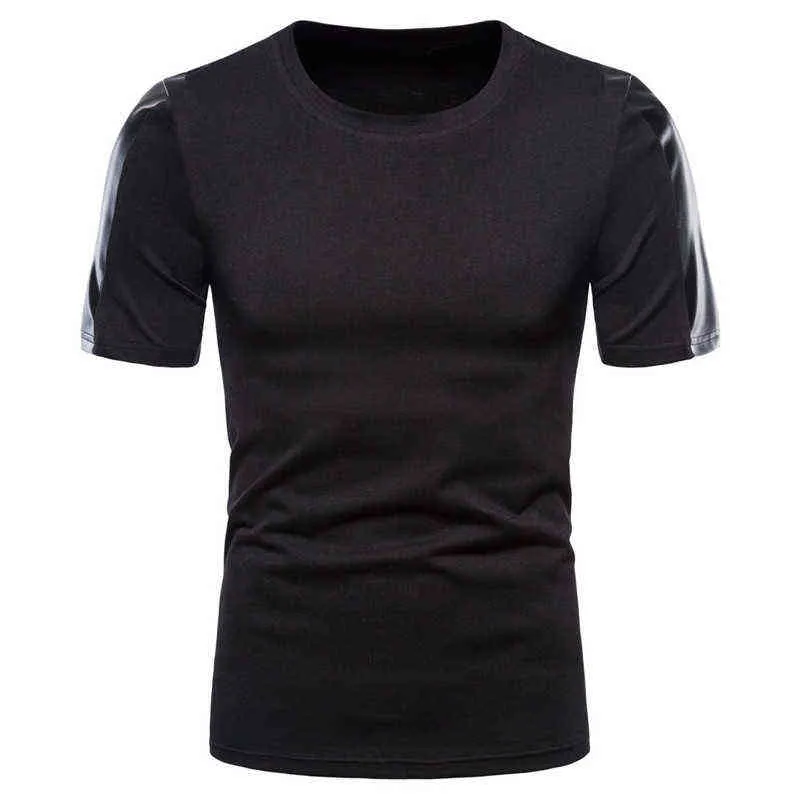Mens Slim Fit O Neck Tshirt Hipster Pu Leather Patchwork Short Sleeve T