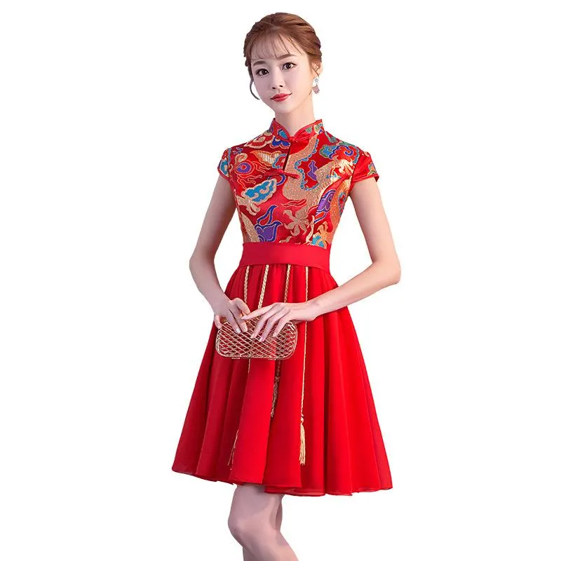 Red Satin Cheongsam Dress For Vintage Chinese Tang Suit Ethnic Bride ...