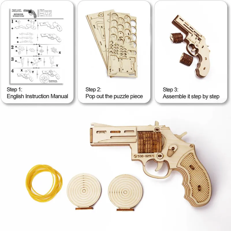 Rubber Band Revolver Toy 3D 3d Wooden Mechanical Puzzle Pistol Handgun ...