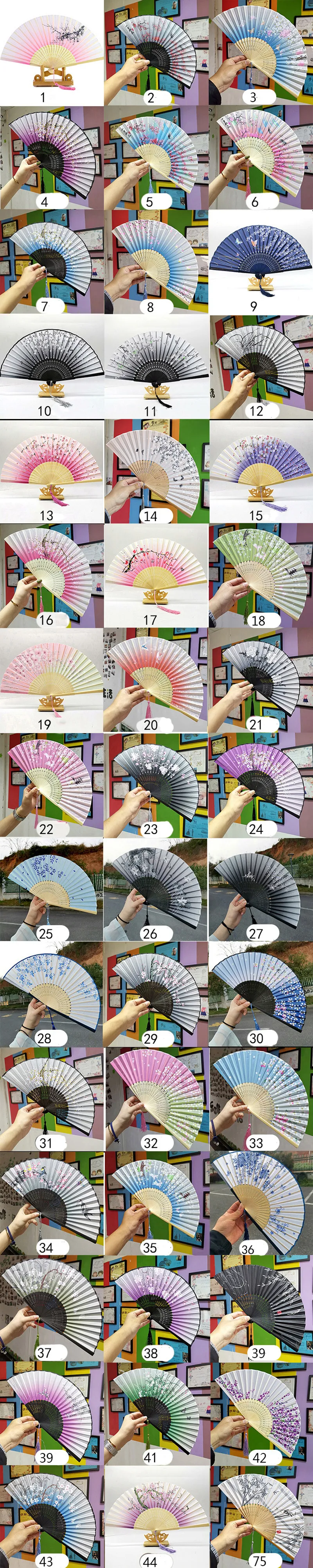 Chinese Bamboo Folding Fan With Plant Print And Fringe Perfect For Ancient Costume, Court, Hanfu ...
