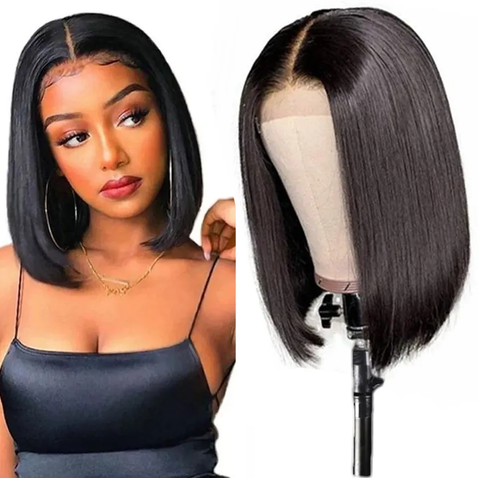 13x4 Lace Front Short Bob Human Hair Wig Unprocessed Peruvian Straight ...