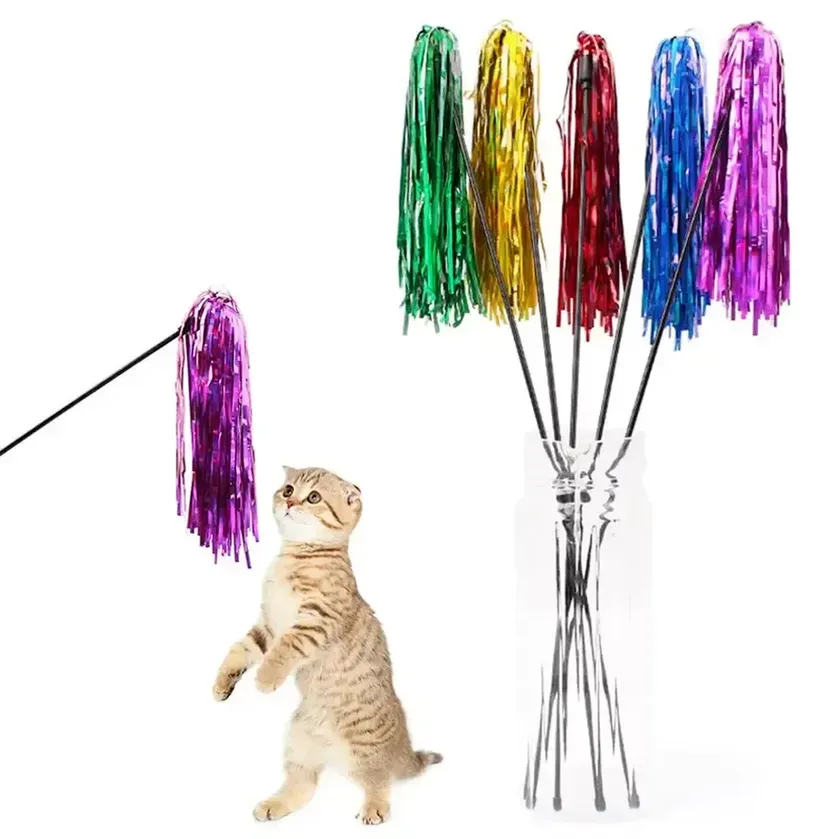 Interactive Colorful Ribbon Tinsel Cat Toy Kitten Pet Teaser Stick For ...