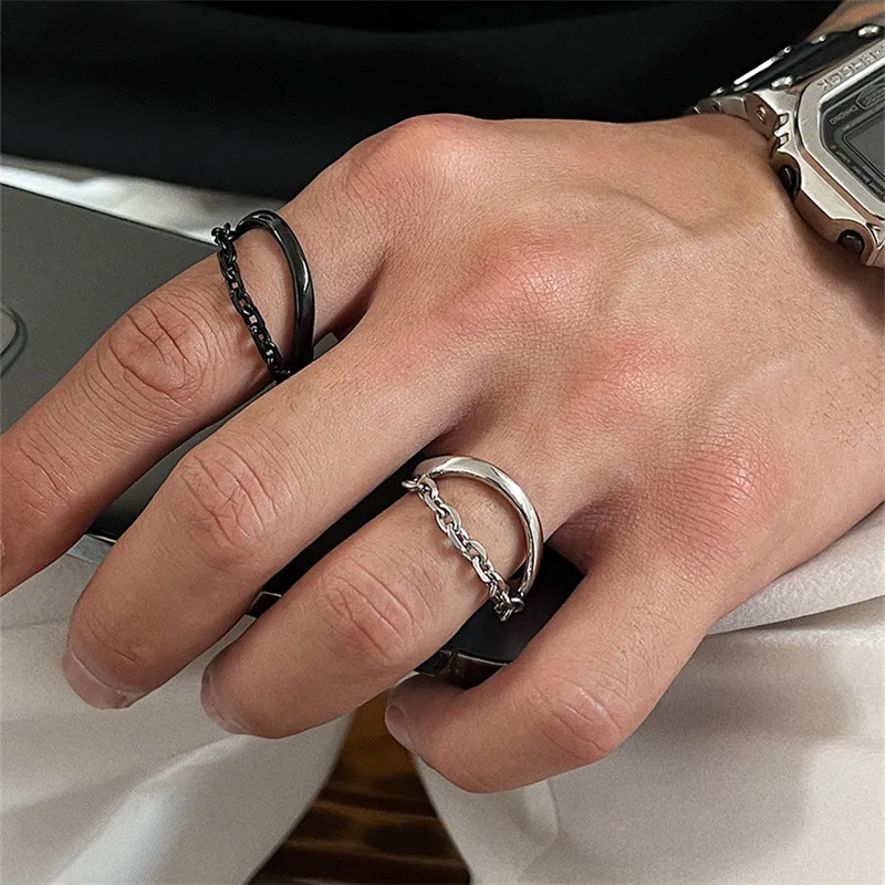 Black Double Chain Ring 3 Simple, Ins Cold Wind, Irregular, And Fashionable All Match Jewelry ...