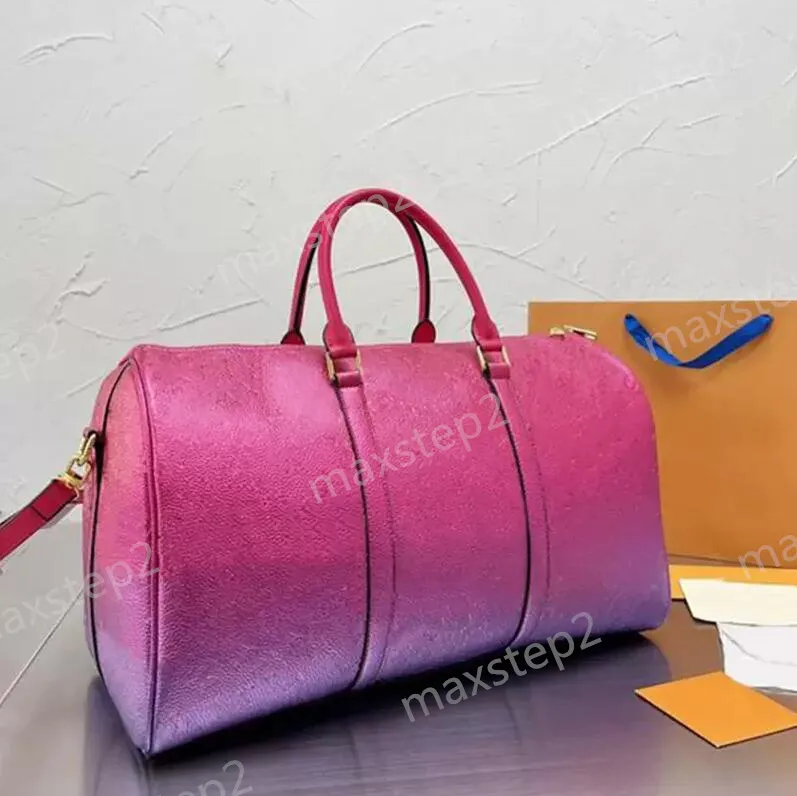 KEEP 50B ALL 50cm Travel Bandouliere Bag Taurillon Illusion Blue/Green Pink Embossed Monograms ...