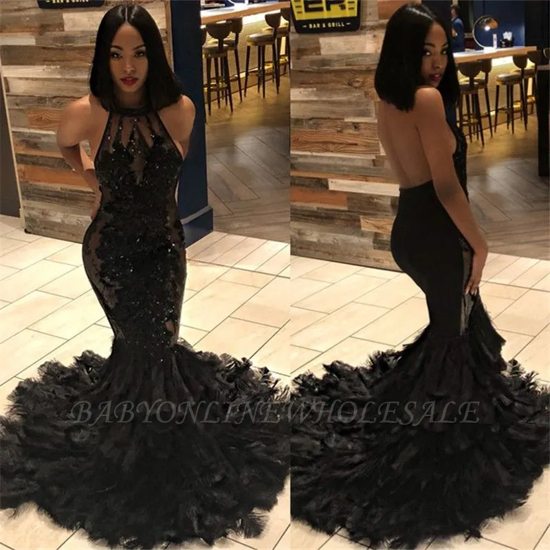 Sexy Black Mermaid Prom Dresses Sexy Illusion Bodice Halter Neck