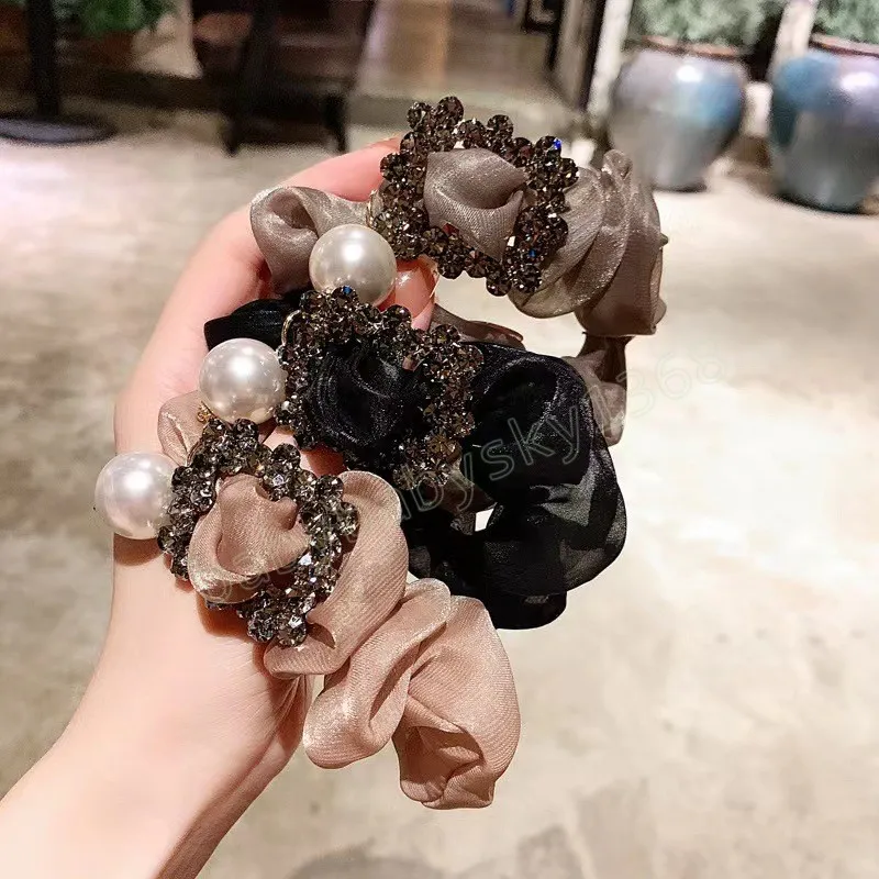Rhinestones Scrunchie Korea Organza Pearl Hair Scrunchies Women Elastic ...