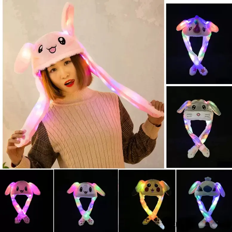LED Light Up Plush Moving Rabbit Ears Hat Hand Pinching Ear To Move ...