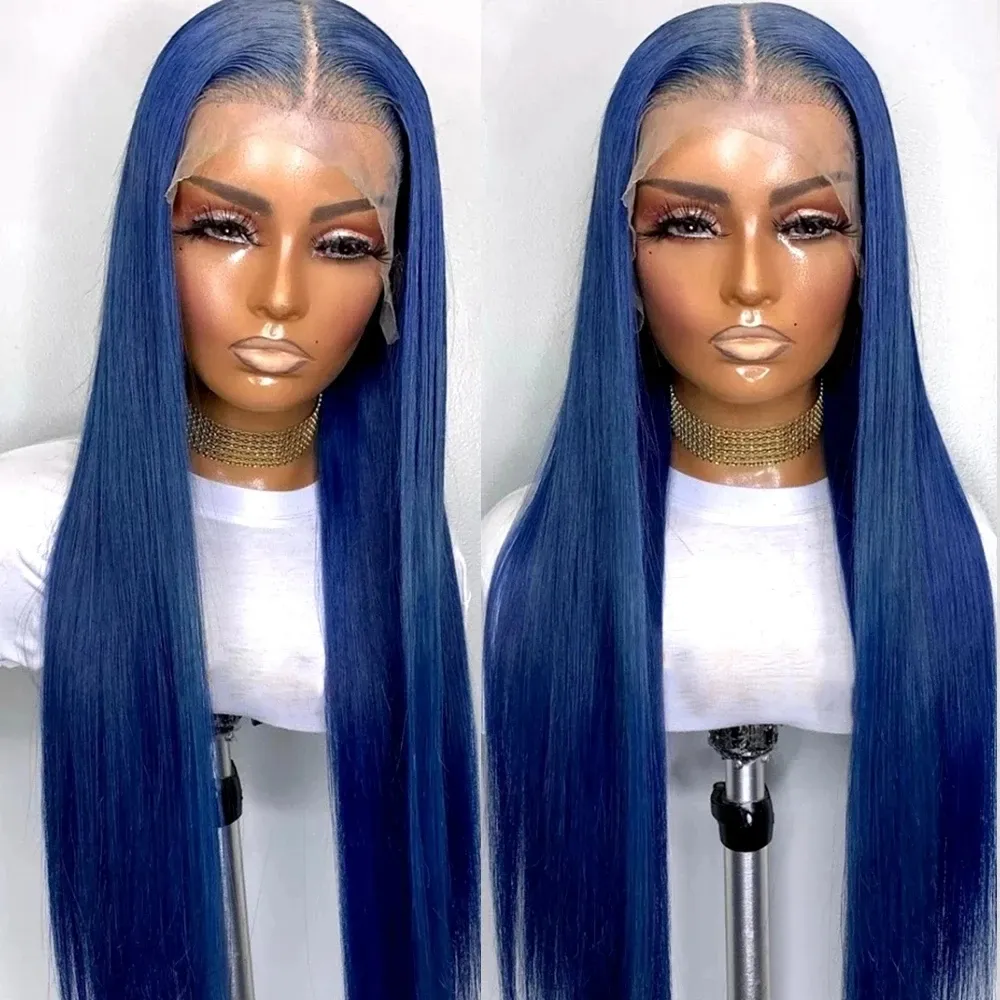 Dark Blue Silky Straight Lace Front Wig - Glueless, Heat Resistant, 180 ...