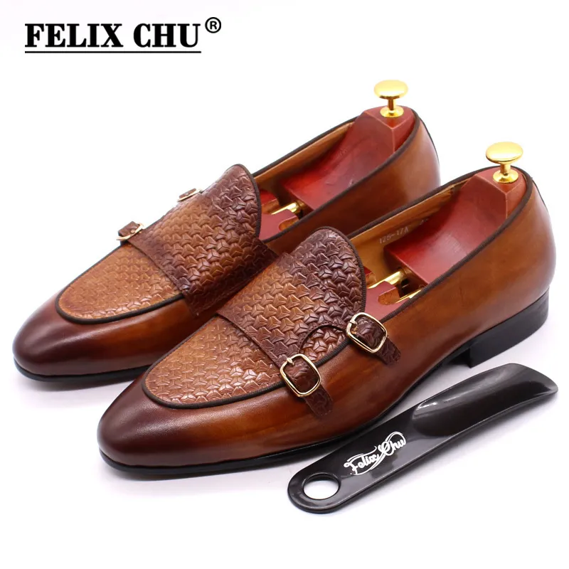 Felix Chu Men Leather Laiders أحذية حزام Monk Brown Monk ، زلة غير ...