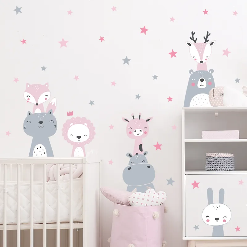 Cartoon Cute Lion Giraffe Animals Stars Wall Sticker Nursery Vinyl ...