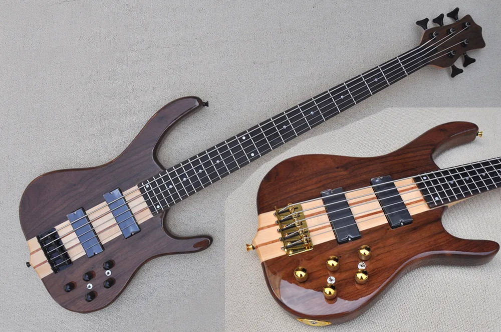 Custom Brown 5 String Electric Bass Guitar: Walnut Neck-Through, Active ...