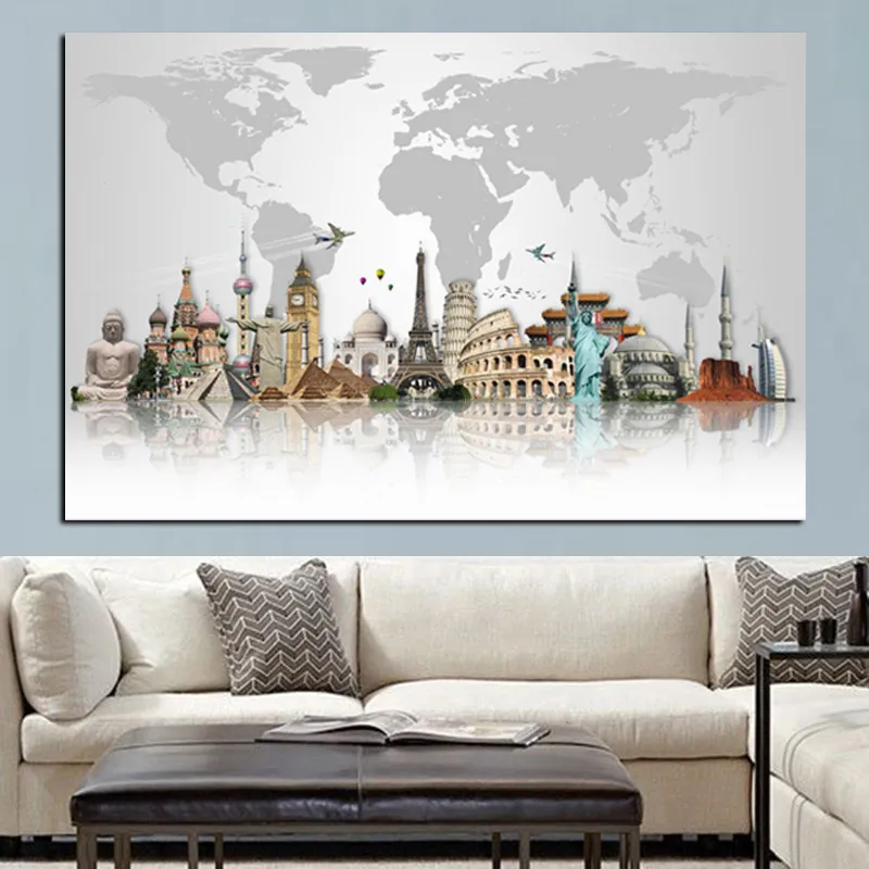 Abstract Famous Buildings Big Ben Eiffel Tower Map Modern Canvas ...