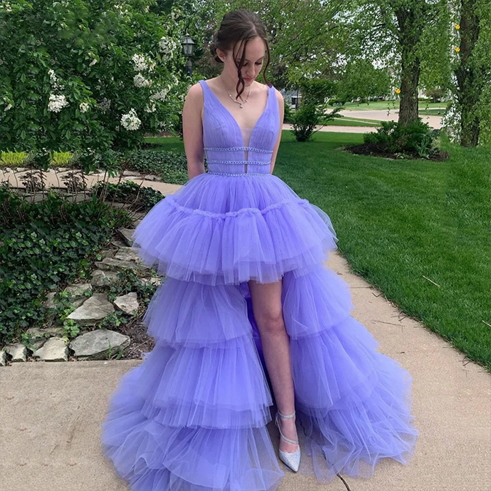 Lavender Hi Low Tiered Tulle Layered Tulle Prom Dress For Women 2022 V