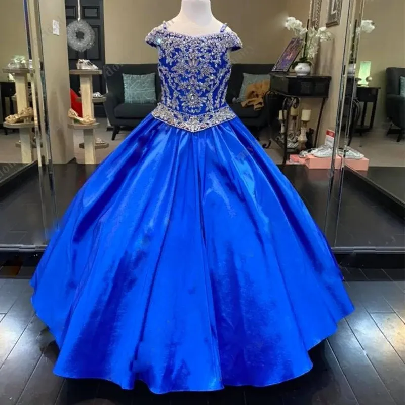 Royal Blue Satin Flower Girl Dress with Ruffle Beads and Floor-Length A ...